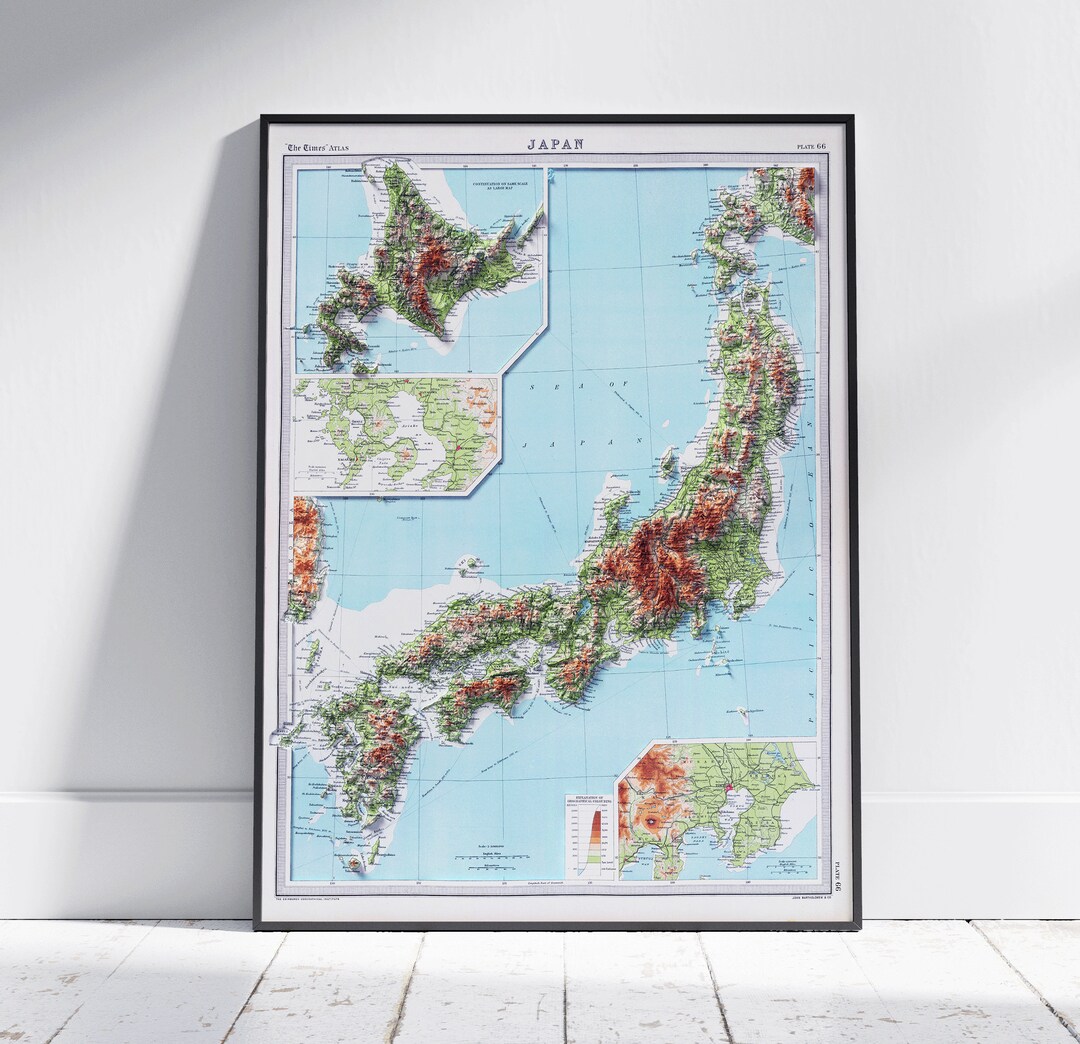 Japan Vintage Map Flat 2D Topographic Shaded Relief Print Poster Wall ...