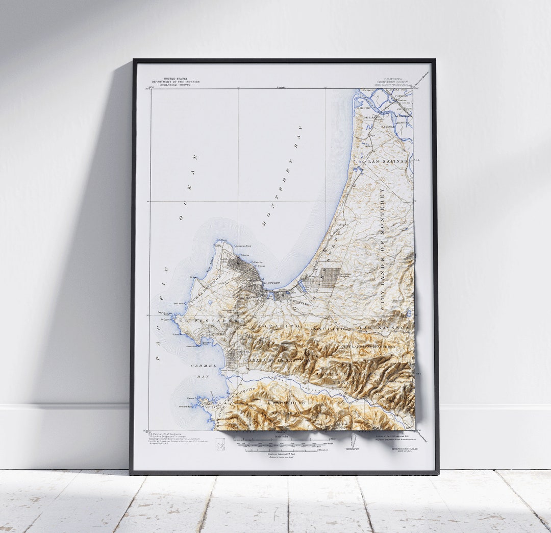Monterey, California ~ Flat 2D Map Shaded Relief Print ~ Poster Wall ...