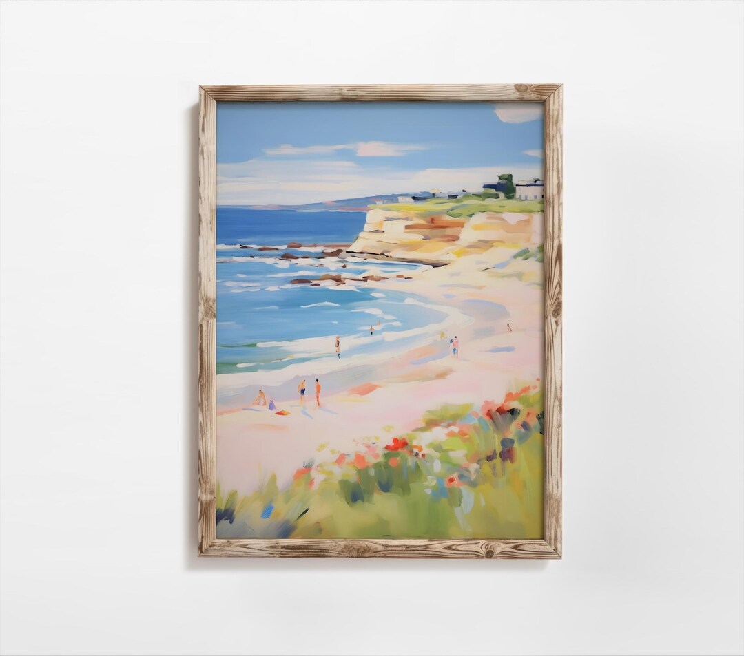 Retro Beach Painting Wall Art, Pastel Pink Coastal Decor Beach Art ...