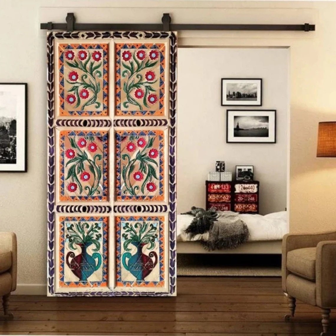 Floral Carved Farmhouse Barn Door Rustic Entrance Front Door Interior ...