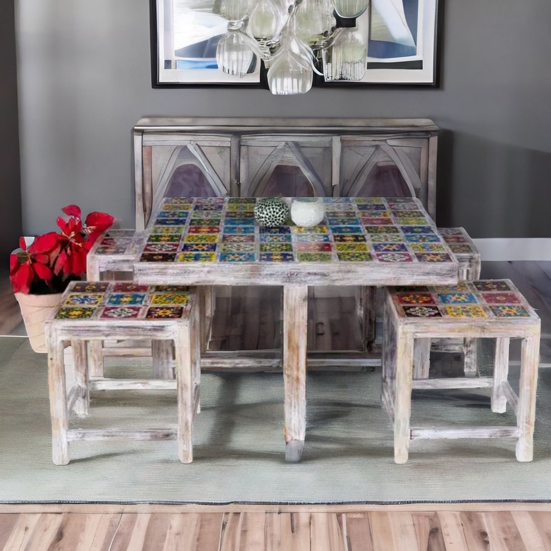 Solid Wood Tile Coffee Table With Stools | Hand Carved Furniture ...