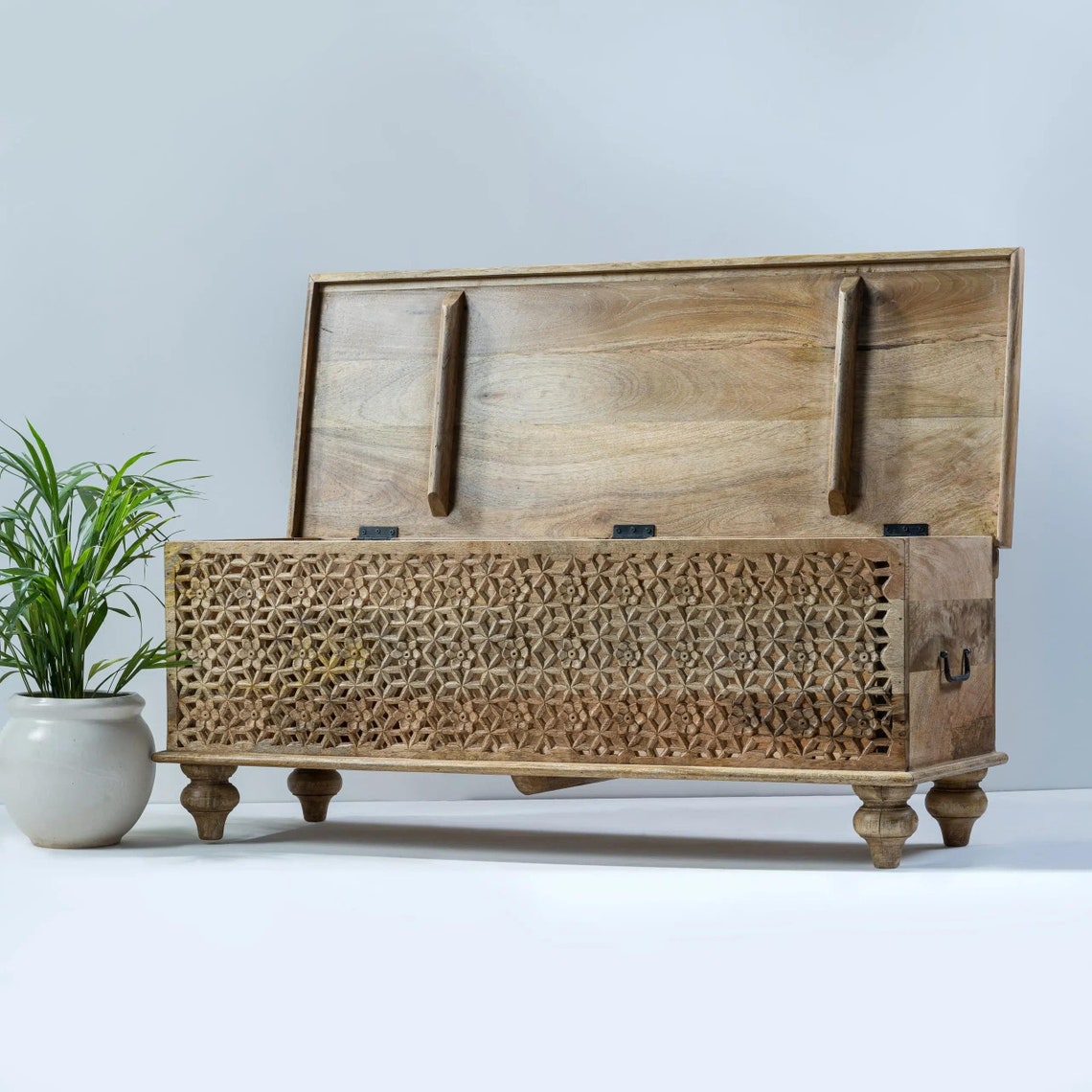 Vintage Solid Wood Chest Box Hand Carved Furniture Room Decor Indian ...