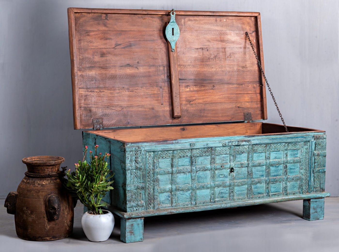 Antique Teal Chest Box | Hand Carved Furniture | Room Decor | Indian ...