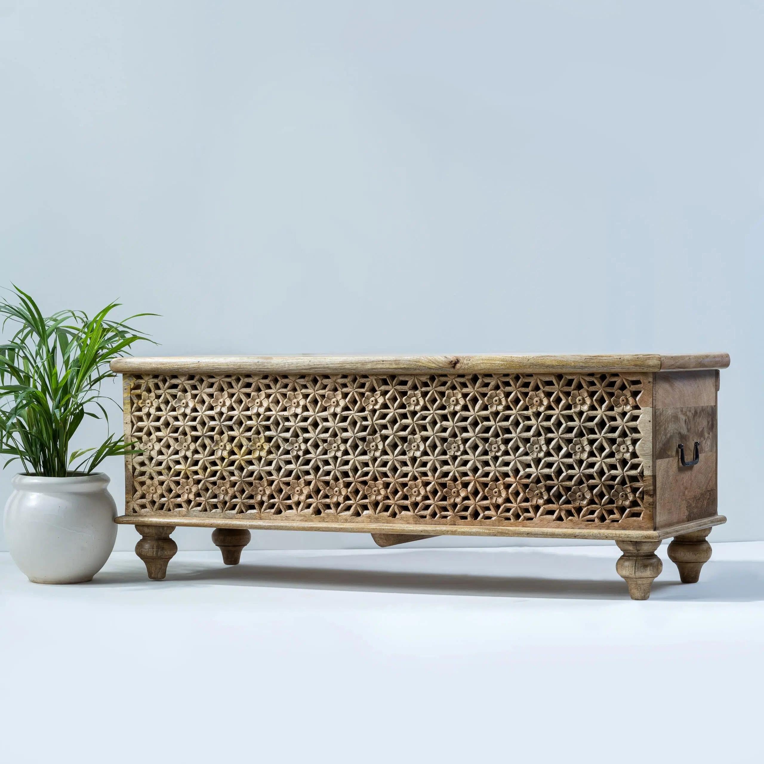 Vintage Solid Wood Chest Box Hand Carved Furniture Room Decor Indian ...