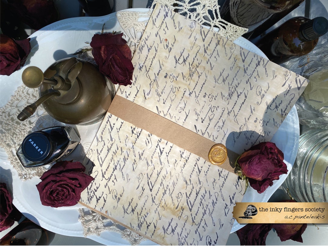 Hand Stenciled Permanent Ink Vintage Handwriting Script on Coffee Dyed ...