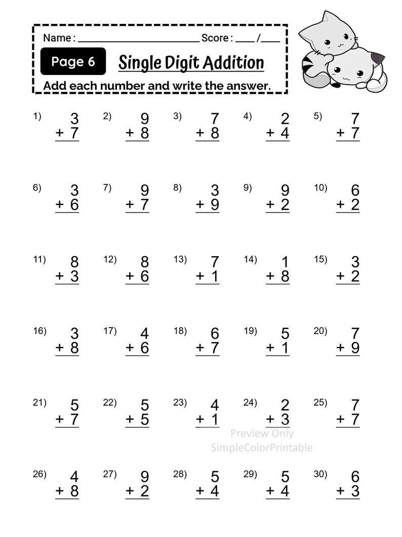 Addition Worksheets Single Digit Suitable for Kids Grade 1-2 - Etsy