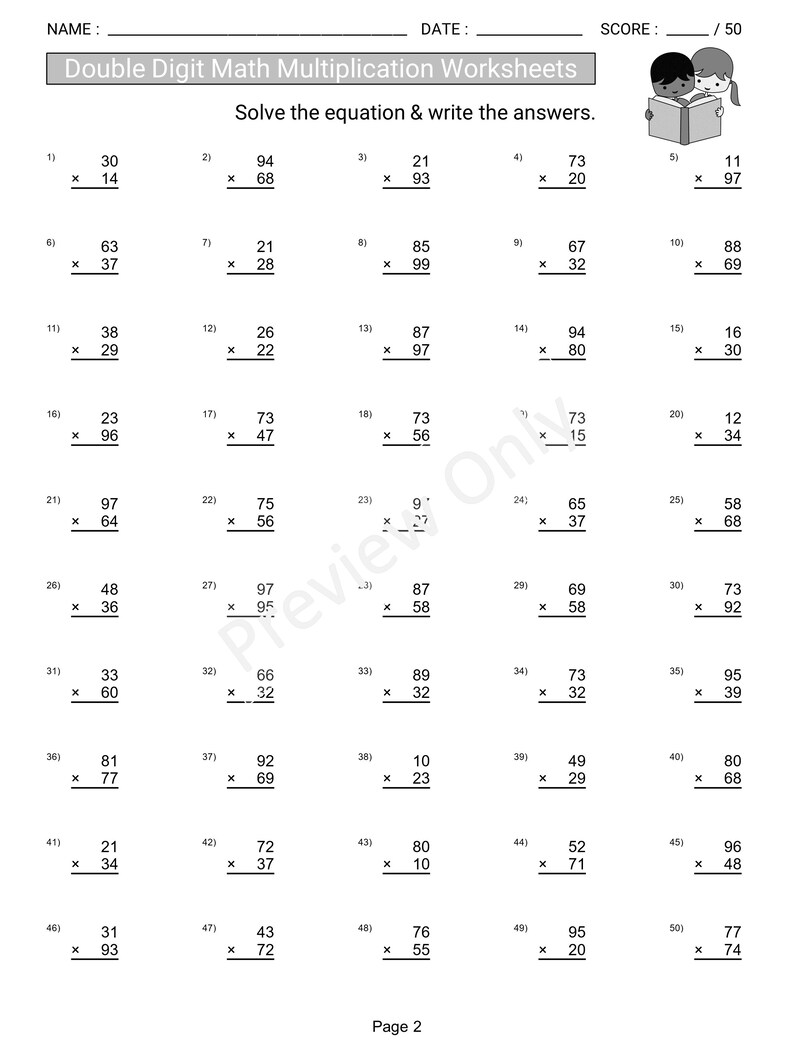 20 Printable Multiplication Worksheets 2 Digit Math 50 Questions In 1 20 Printable Multiplication Worksheets 2 Digit Math 50 Questions In 1