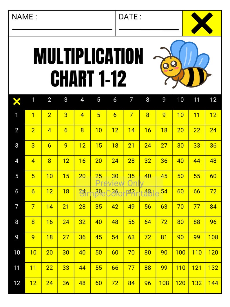 Bee Multiplication Chart & Tables Printable 1-12 and Math - Etsy