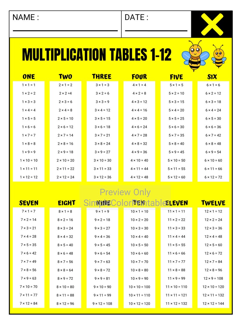 Bee Multiplication Chart & Tables Printable 1-12 and Math - Etsy