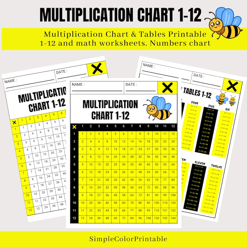 Bee Multiplication Chart & Tables Printable 1-12 and Math - Etsy