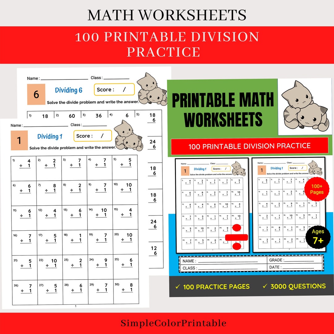 Printable Math Worksheets 100 Printable Division Practice - Etsy Canada