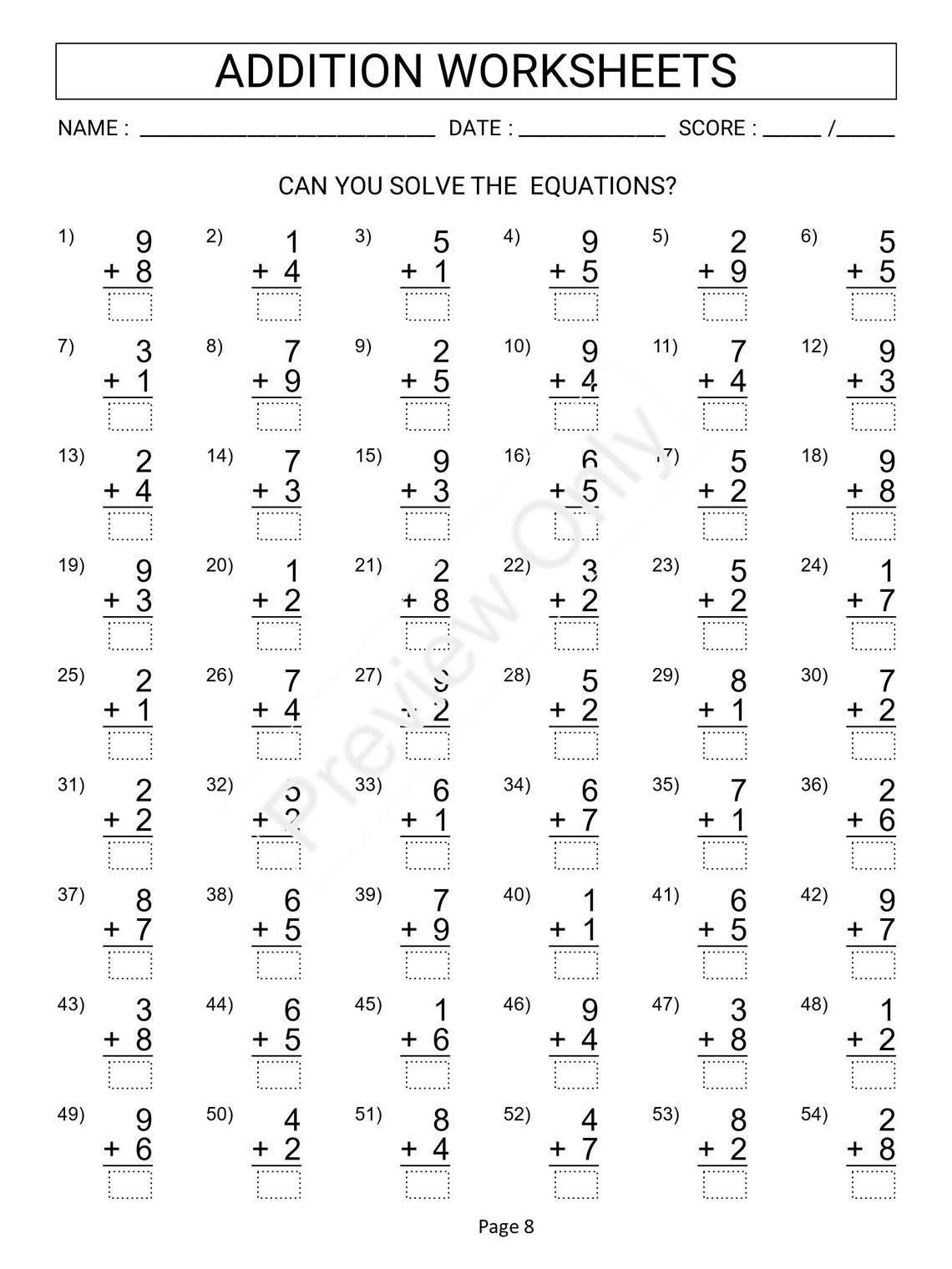20 Printable First Grade Math Worksheets For Kids Ages 5 8 Etsy Canada