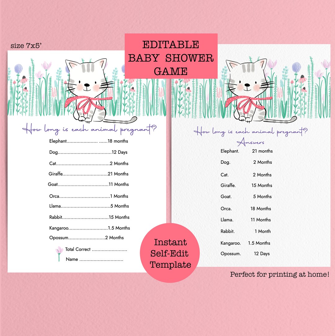 Little Cutie Baby Shower Games and Answers, Printable Animal Pregnancy ...