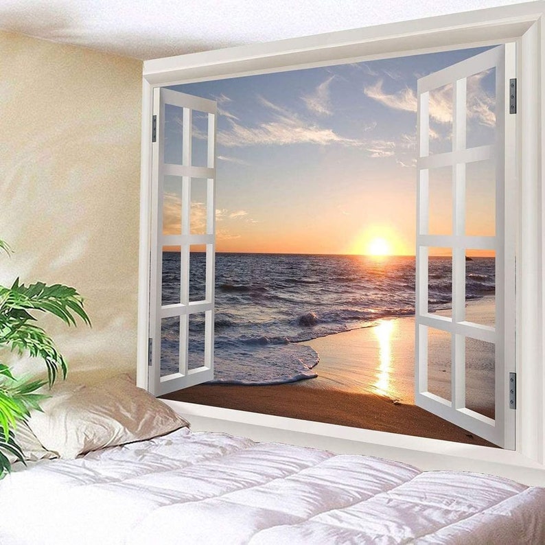 3D Ocean Sunset Tapestry Window Scene, 51x59, Home Decoration, Wall Art ...