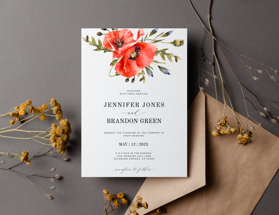 Red Poppy Floral Wedding Invitation Template Set | With RSVP Card ...