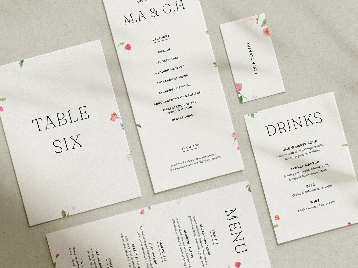 ROSA modern Floral Menu Template • Elegant and Minimalist, Wedding ...
