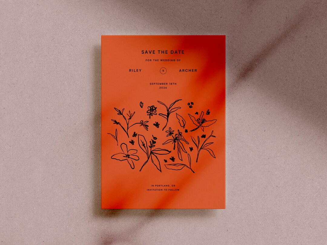 Garden Hand Drawn Save The Date Template Modern Minimalist Floral Ink