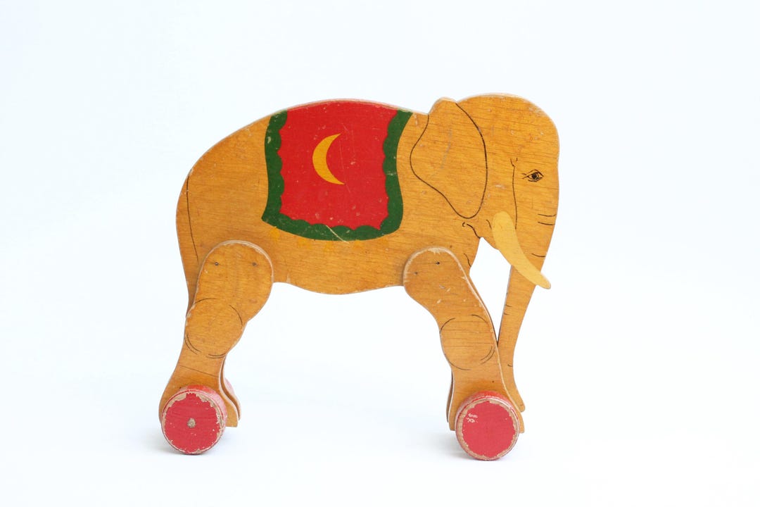 Vintage Wooden Circus Elephant Figure, Handmade Folk Art Pull Toy on ...