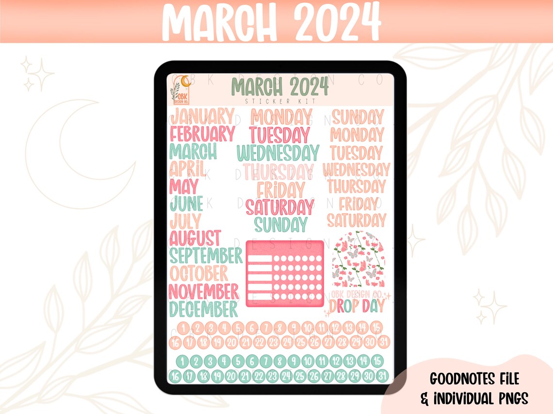 March Digital Sticker Kit 2024 Goodnotes Files & Pngs Digital Planner ...