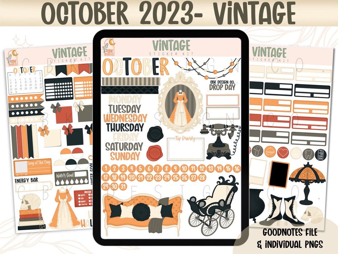 October Digital Sticker Kit- Vintage - Goodnotes Files & Pngs- Digital ...