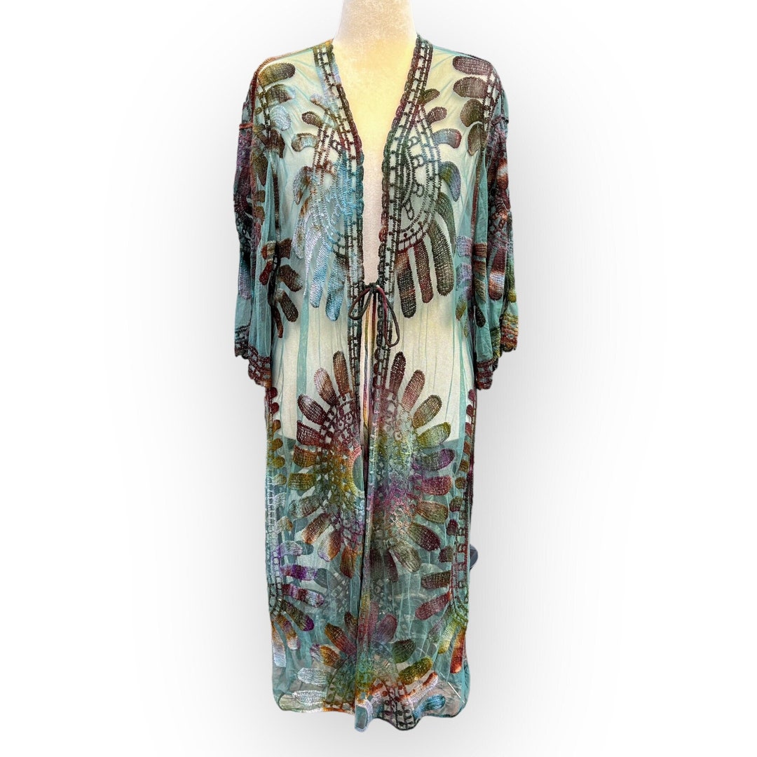 One Size Earthy Rainbow Ice Dye Kimono Lace Duster, Boho Festival ...