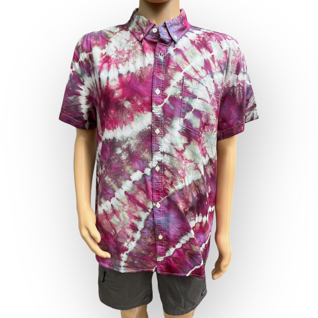 Mens Large Colorful Tie Dye Button Down Short Sleeve Shirt, Magenta ...