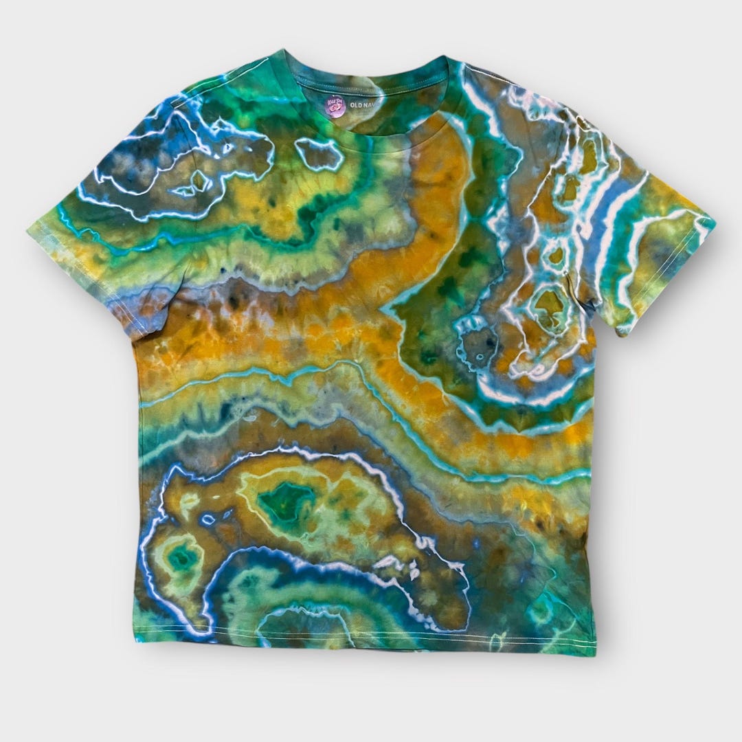 Large Colorful Geode Tie Dye T-shirt, Green, Gold & Blue Agate Ice Dye ...