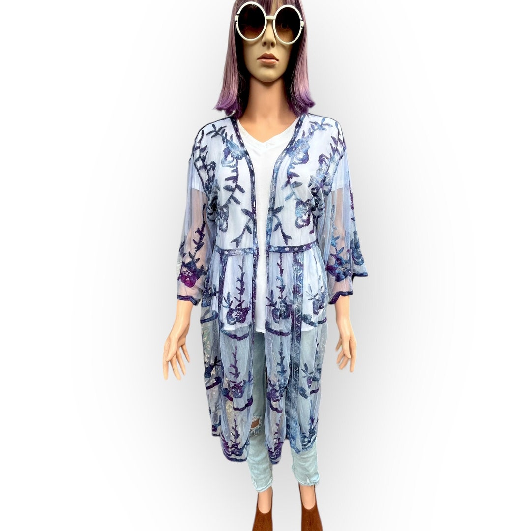 One Size Purple & Blue Ice Dye Kimono Lace Duster, Boho Festival ...