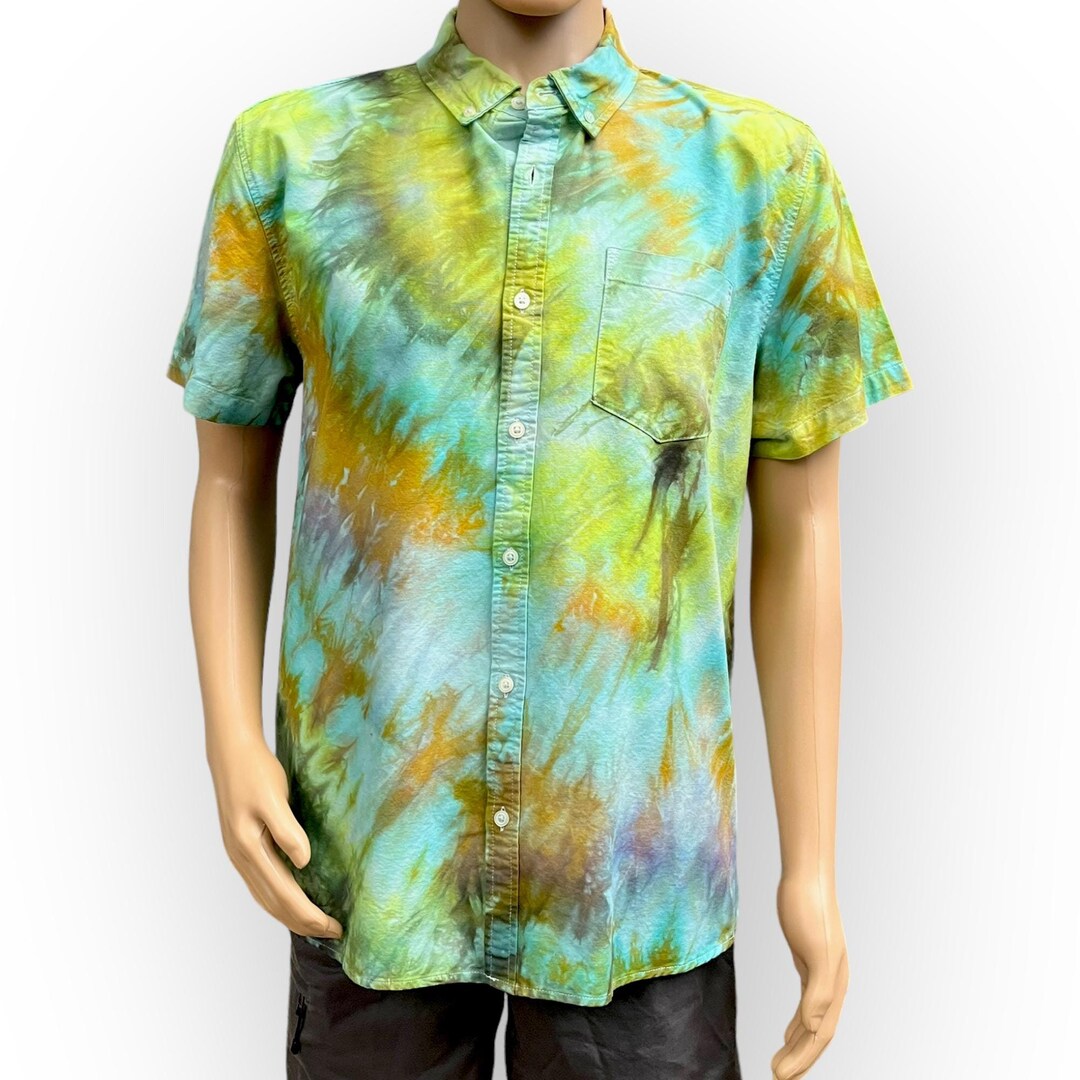 Men’s Medium Colorful Tie Dye Button Down Short Sleeve Shirt, Turquoise ...