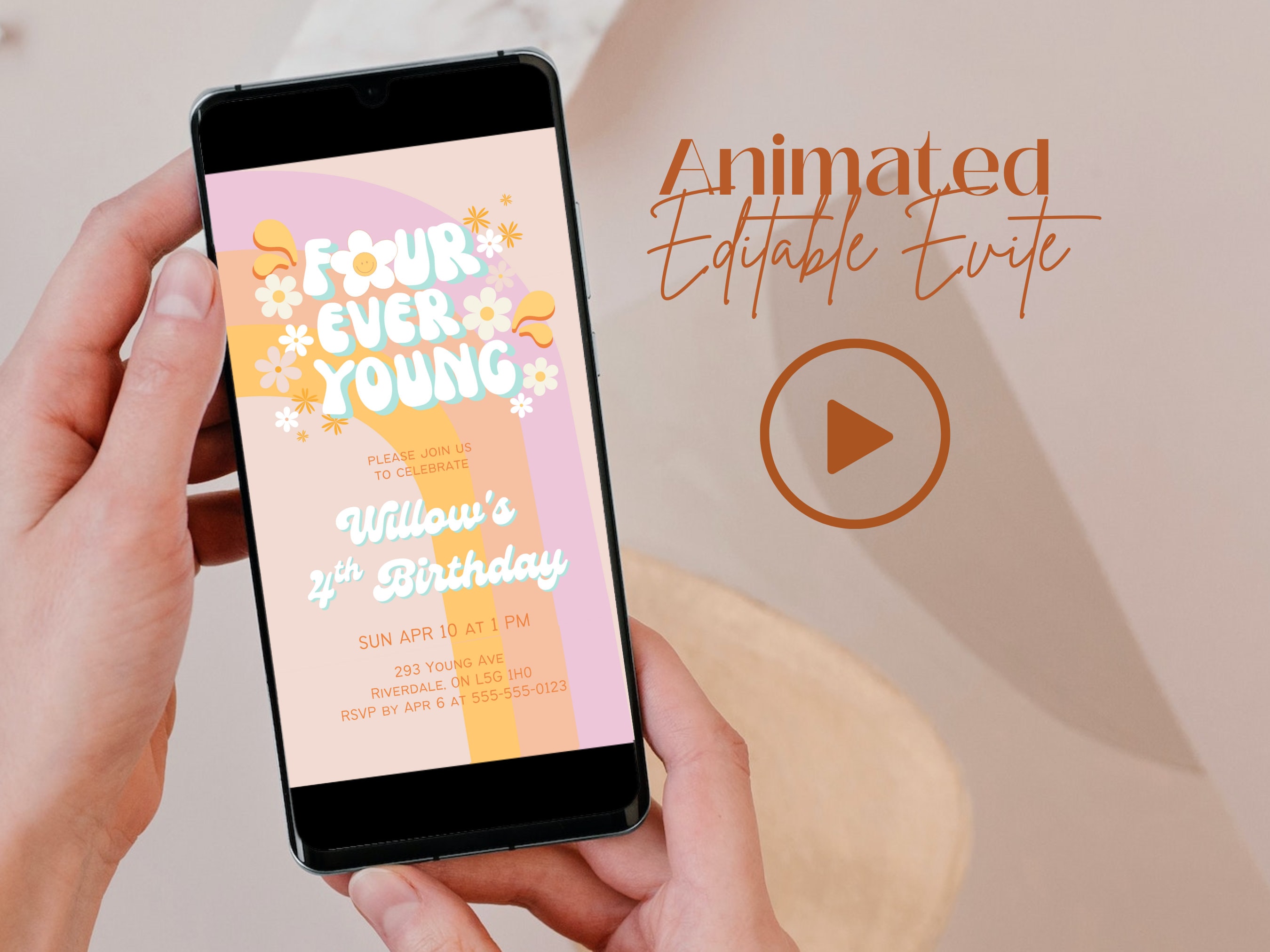 Four Ever Young Animated Evite, Retro Groovy Daisy Invitation Template ...