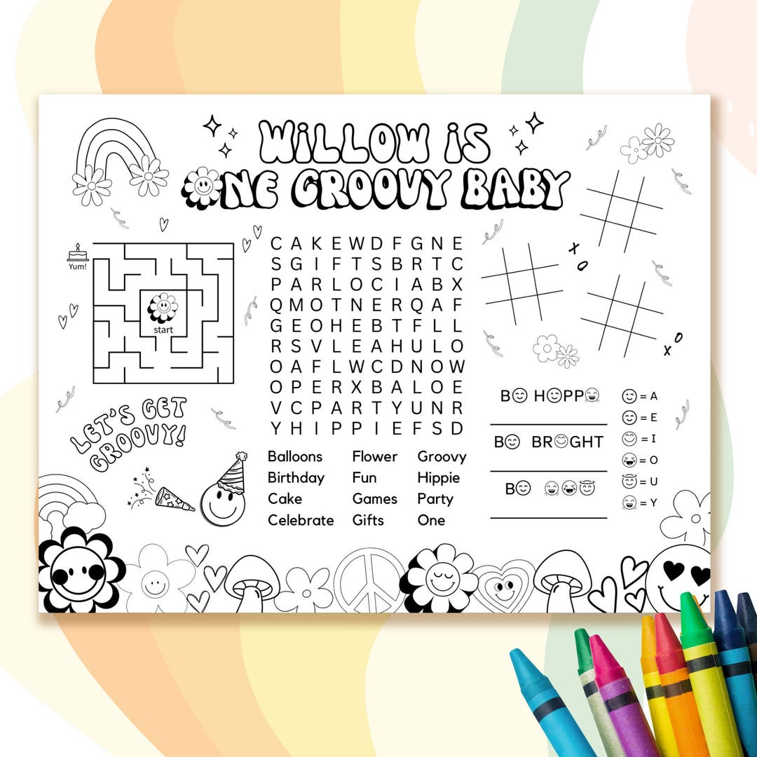 Editable One Groovy Baby Coloring Placemat, Printable Birthday Coloring ...