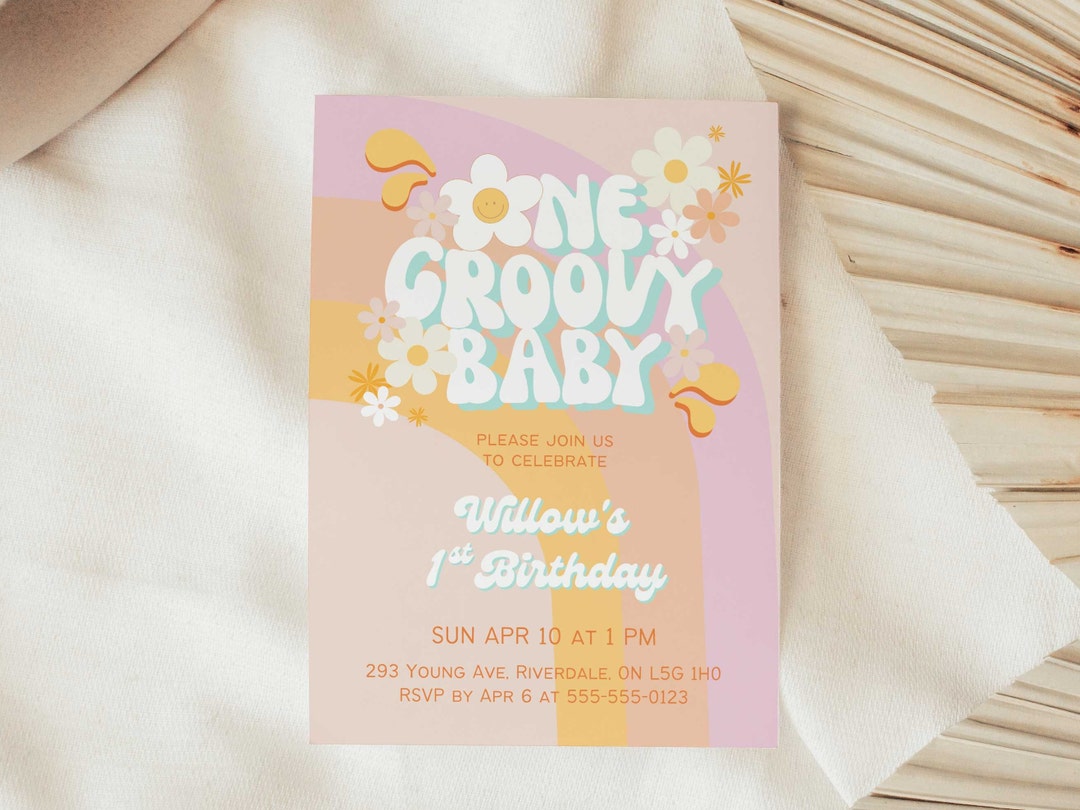 One Groovy Baby First Birthday Invitation, Retro Daisy Editable ...