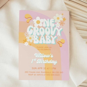 One Groovy Baby First Birthday Invitation, Retro Daisy Editable ...
