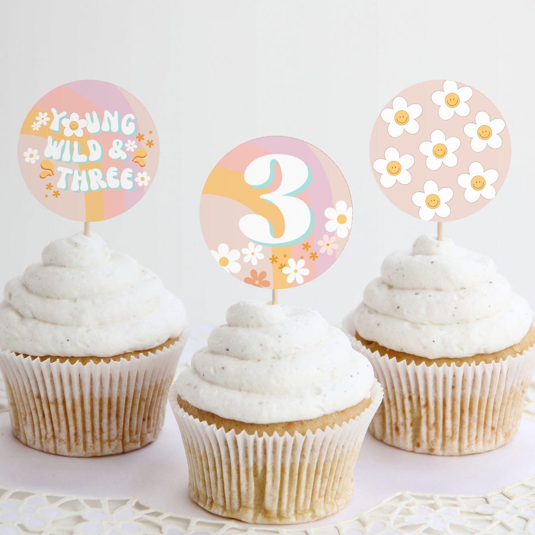Young Wild Three Cupcake Toppers, Groovy Daisy Third Birthday Party ...