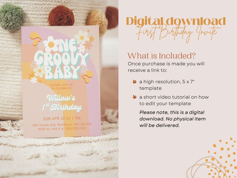 One Groovy Baby First Birthday Invitation, Retro Daisy Editable ...