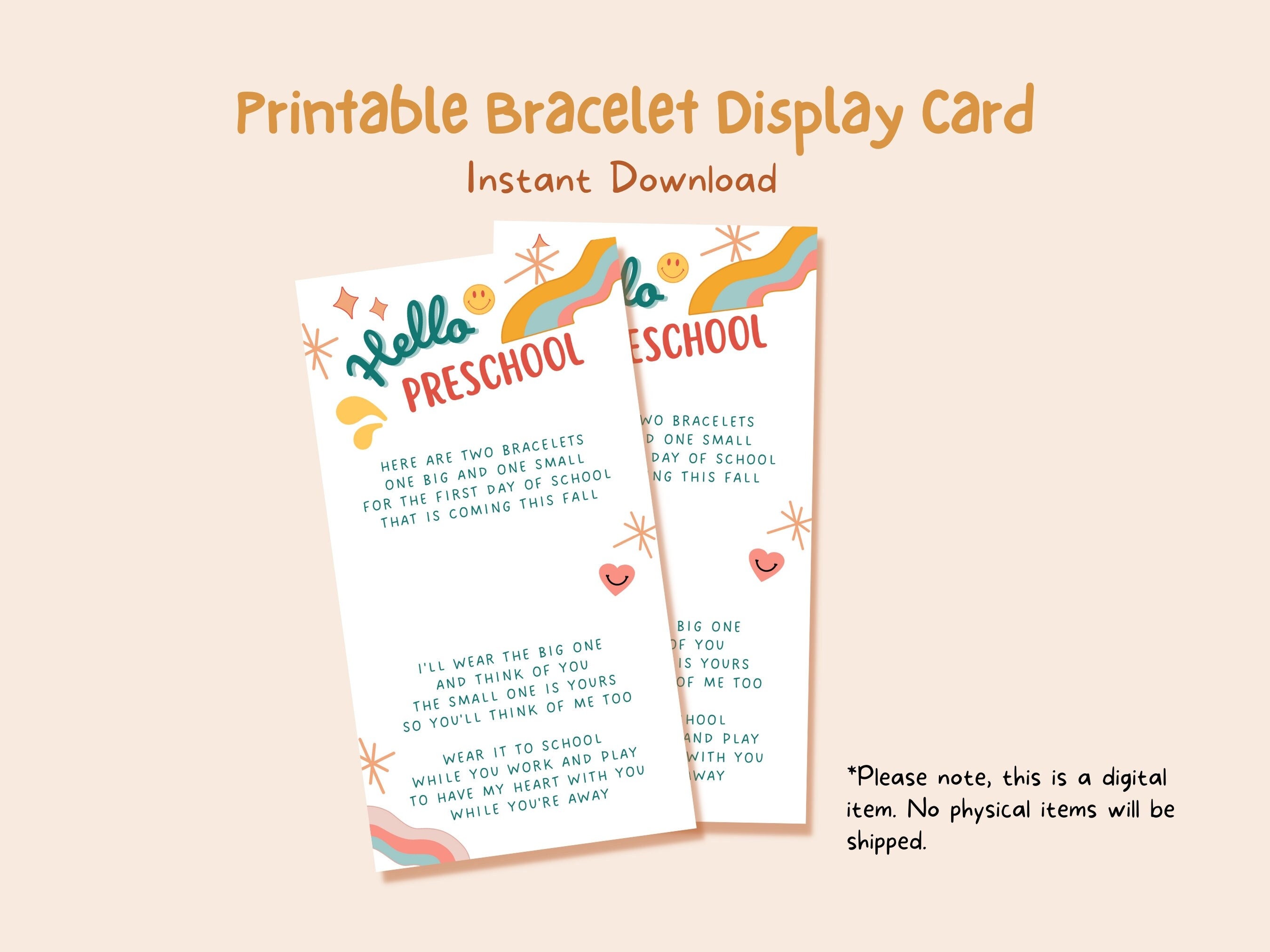 First Day of Preschool PRINTABLE Bracelet Display Card, Mommy and Me ...