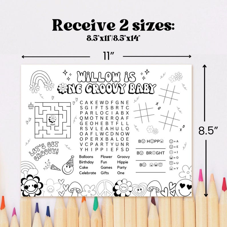 Editable One Groovy Baby Coloring Placemat, Printable Birthday Coloring ...