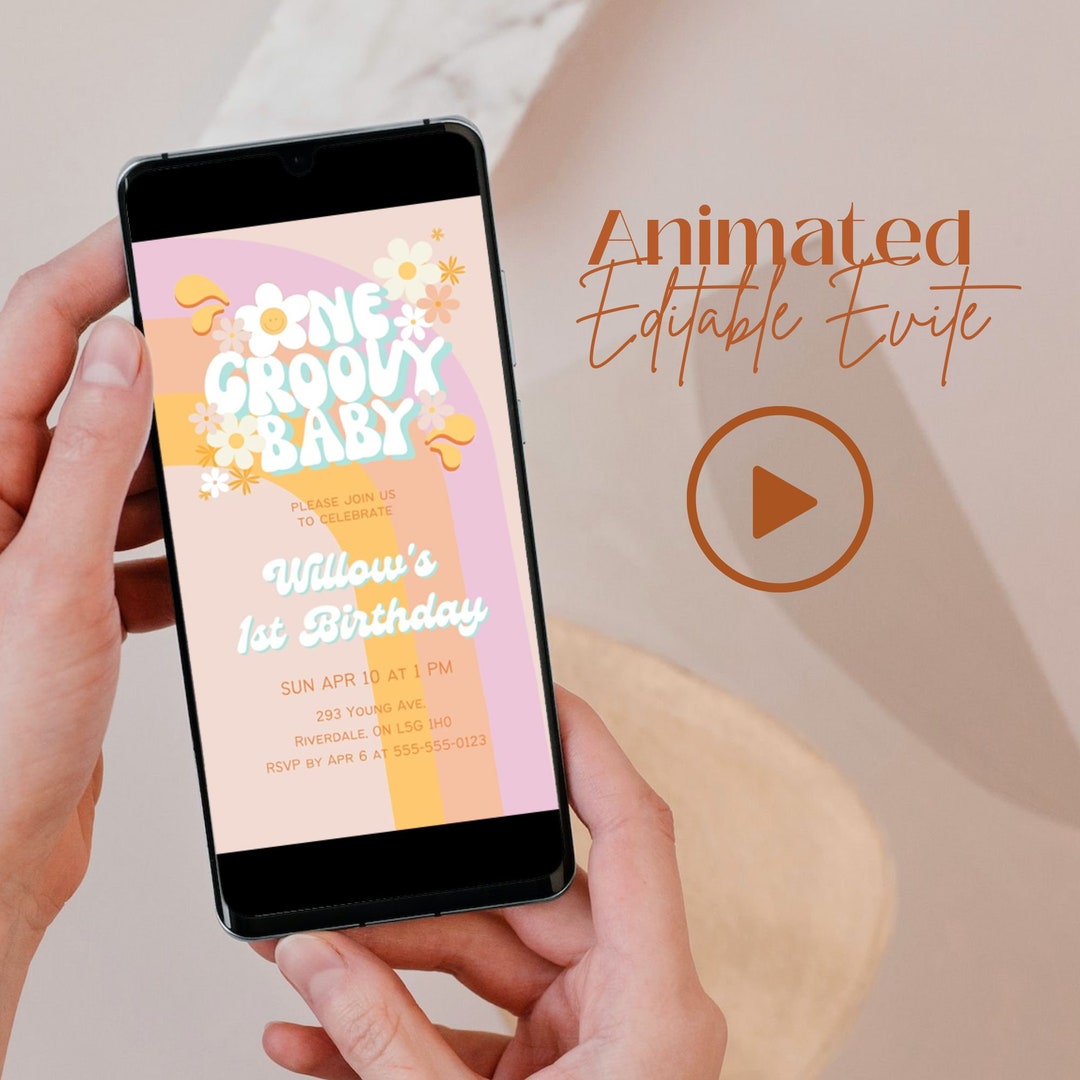 One Groovy Baby Animated Evite, Retro Daisy Invitation Template, Text ...