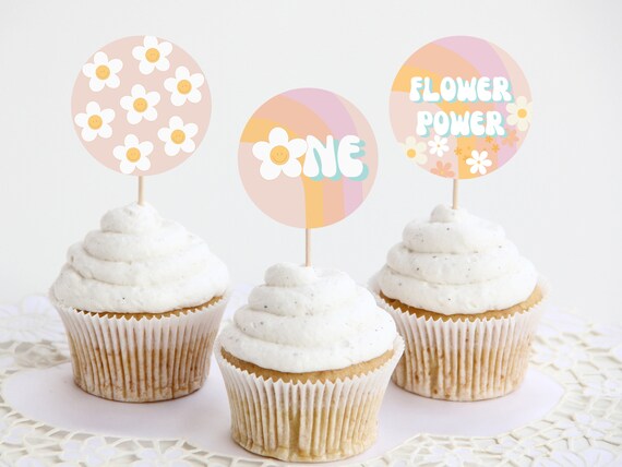 One Groovy Baby Cupcake Toppers Retro Daisy Editable - Etsy