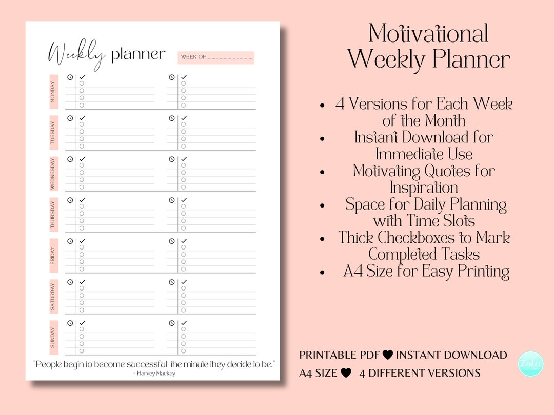 A4 Weekly Planner With Motivating Quotes - 4 Versions per Week ...