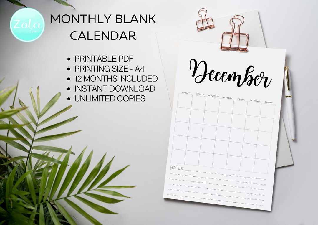 Monthly Blank Calendar, 12 Months, Vertical Printable Calendar Pages ...