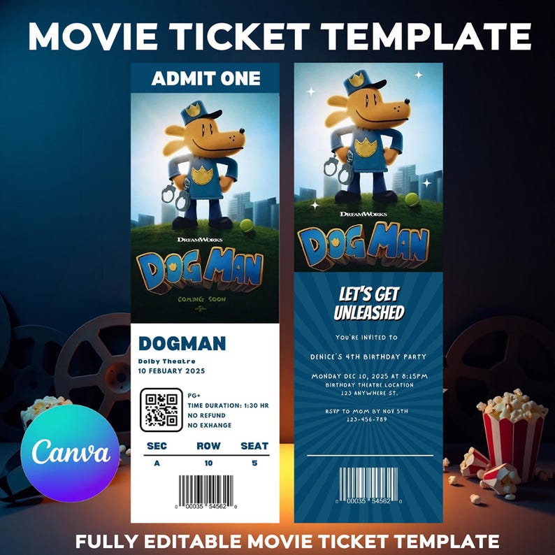 Dog Men Movie Ticket Template, Dog Man Movie Ticket Birthday Invitation ...