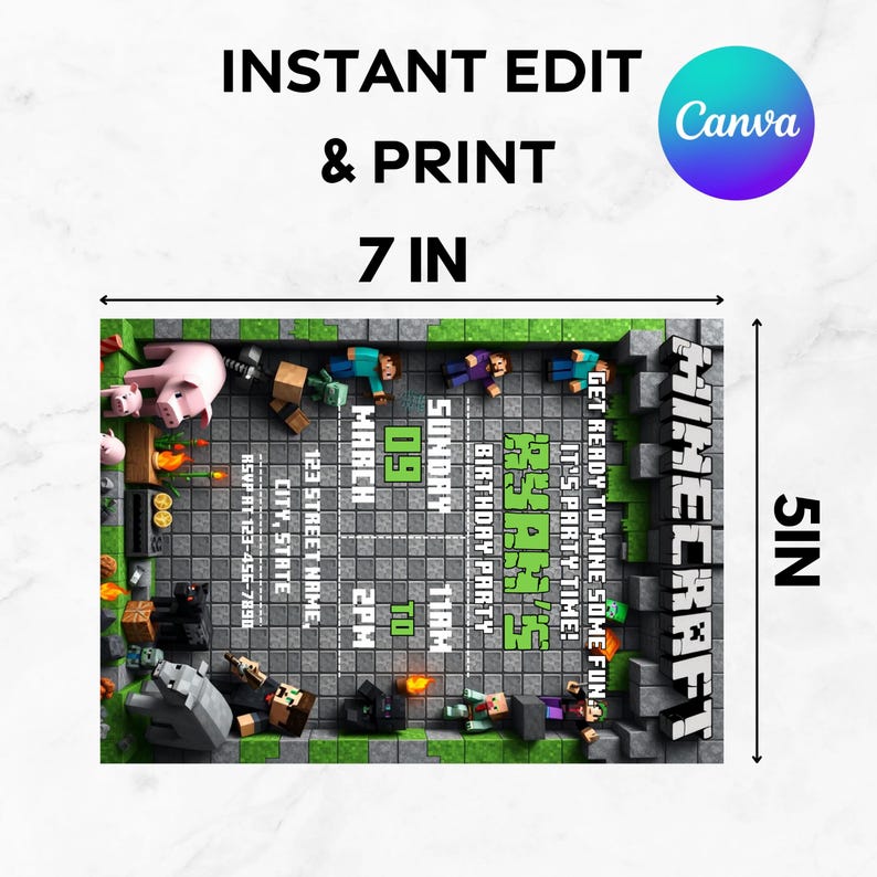 Editable Minecraft Birthday Invitation, Minecrafter Birthday ...
