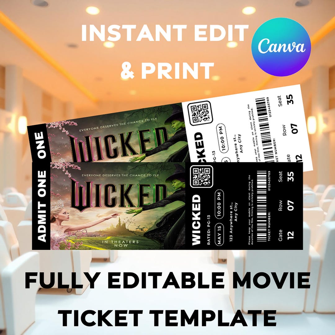 Wicked Movie Ticket Template,wicked Ticket Template,wicked Movie Ticket Birthday Invitation ...