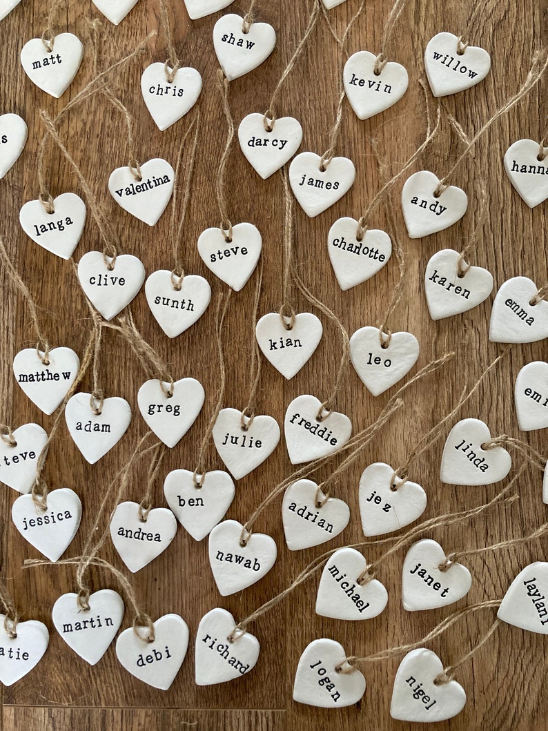 Personalised Clay Heart Name Tags: Wedding Favors - Etsy UK