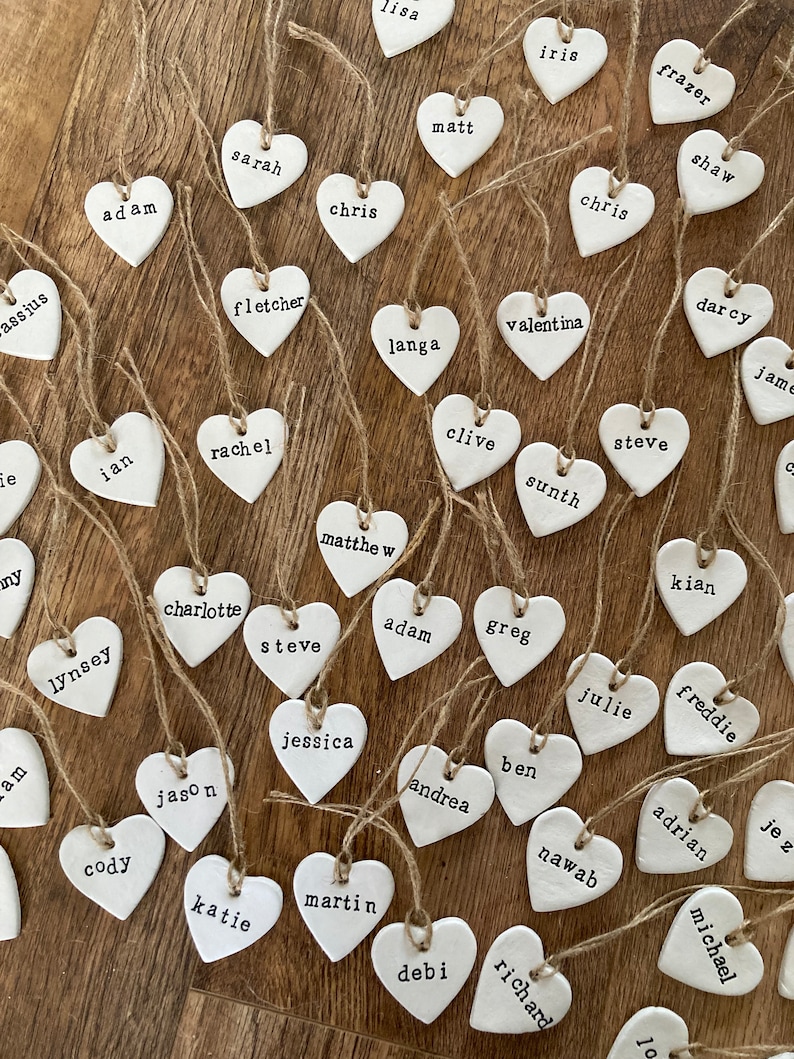 Personalised Clay Heart Name Tags: Wedding Favors - Etsy UK