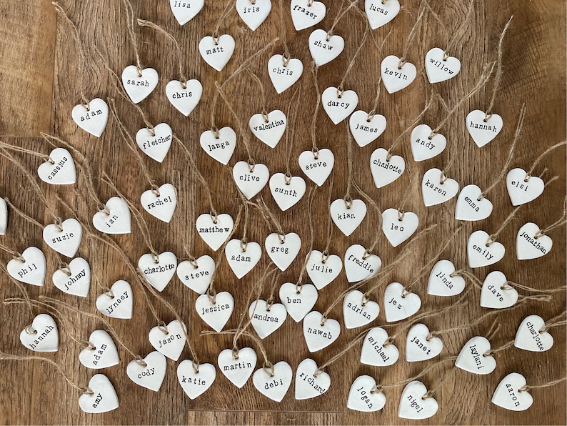 Personalised Clay Heart Name Tags: Wedding Favors - Etsy UK