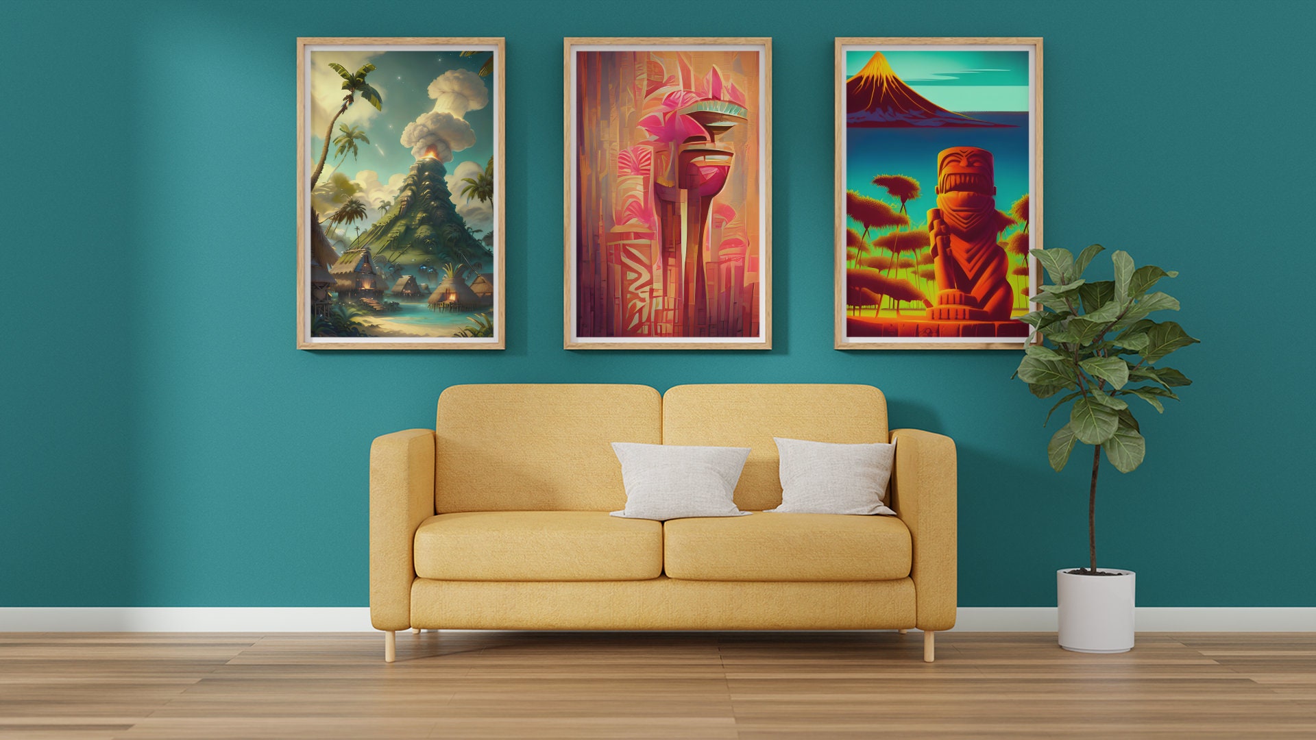 Stunning Volcano Eruption Poster Native Tiki Village Artwork - Etsy