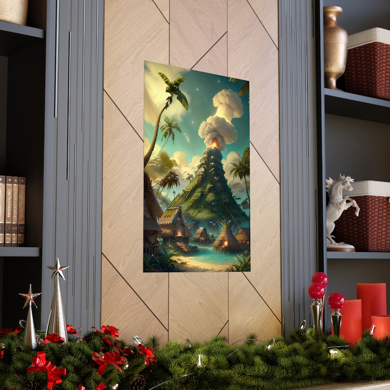 Stunning Volcano Eruption Poster Native Tiki Village Artwork - Etsy