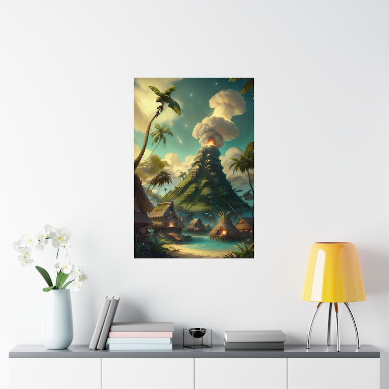 Stunning Volcano Eruption Poster Native Tiki Village Artwork - Etsy